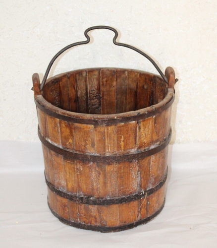 Antique Primitive Wooden Stave Well Water Bucket Metal Bands WOOD ...