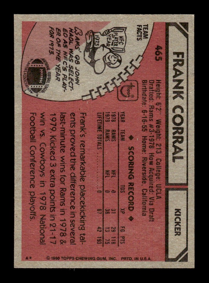1980 Football Topps Frank Corral Los Angeles Rams #465 2 | eBay