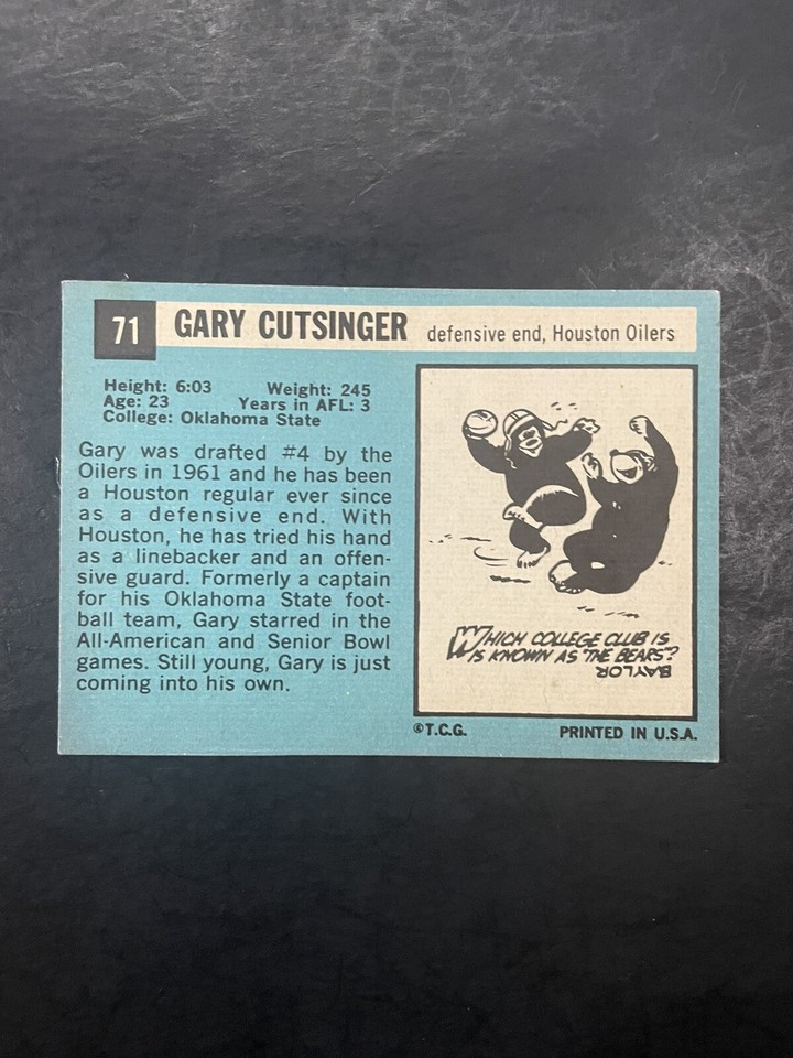 1964 Topps Football Card #71, Gary Cutsinger, Houston Oilers, Short ...