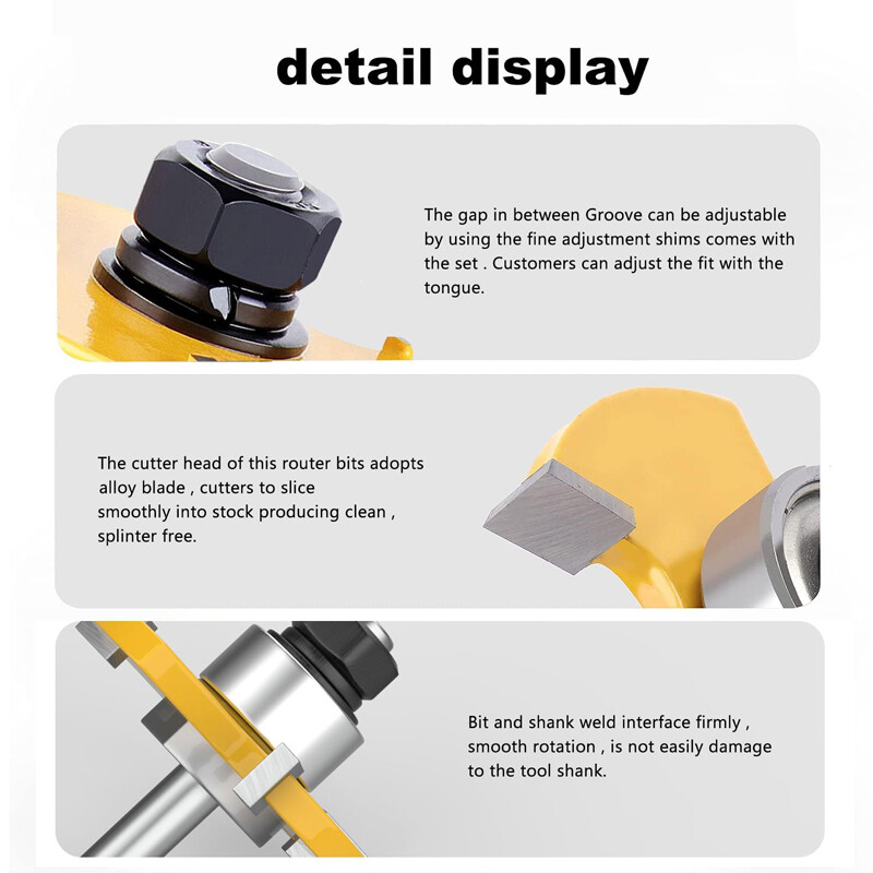 2 PCS Tongue and Groove Router Bit Set 1/4 Shank 3 Teeth Adjustable T ...