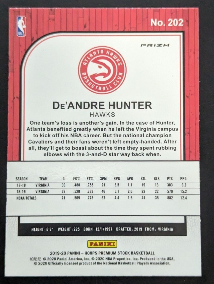 De’Andre Hunter Hawks 2019-20 Panini NBA Hoops Premium Stock #202 Green ...