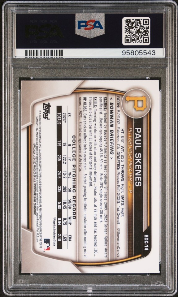 2023 BOWMAN DRAFT CHROME-YELLOW LUNAR CRATER #BDC14 PAUL SKENES 54/75 ...