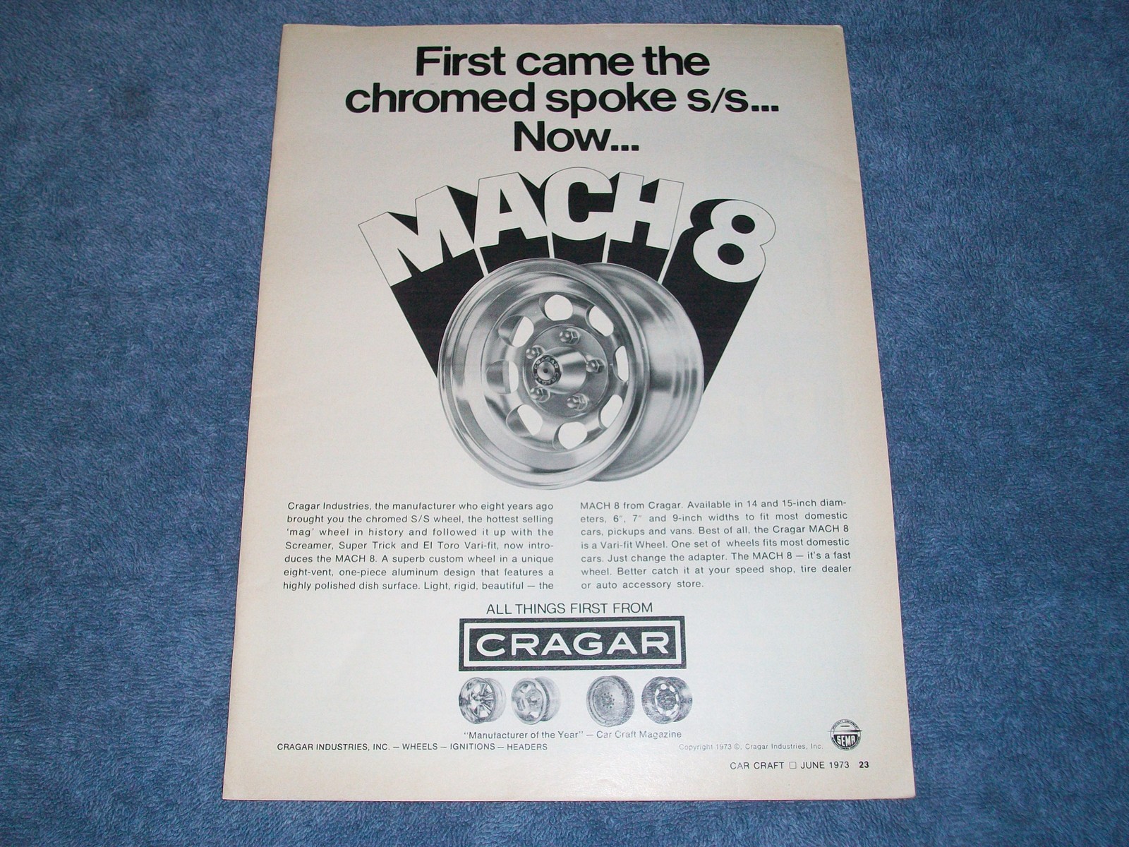 1973 Cragar Mach 8 Vintage Wheel Ad "First Came the Chrome Spoke S/S ...