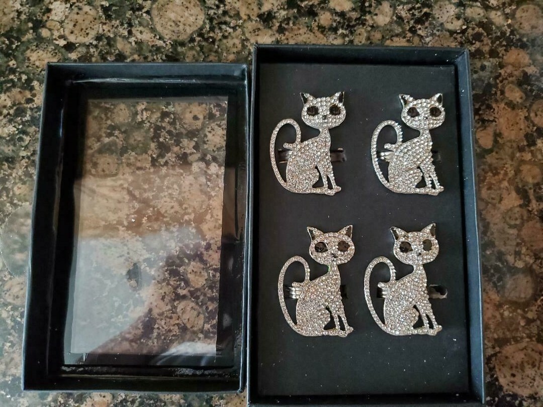 Tahari Halloween Rhinestone Cat Napkin Rings Set Of 4 | eBay