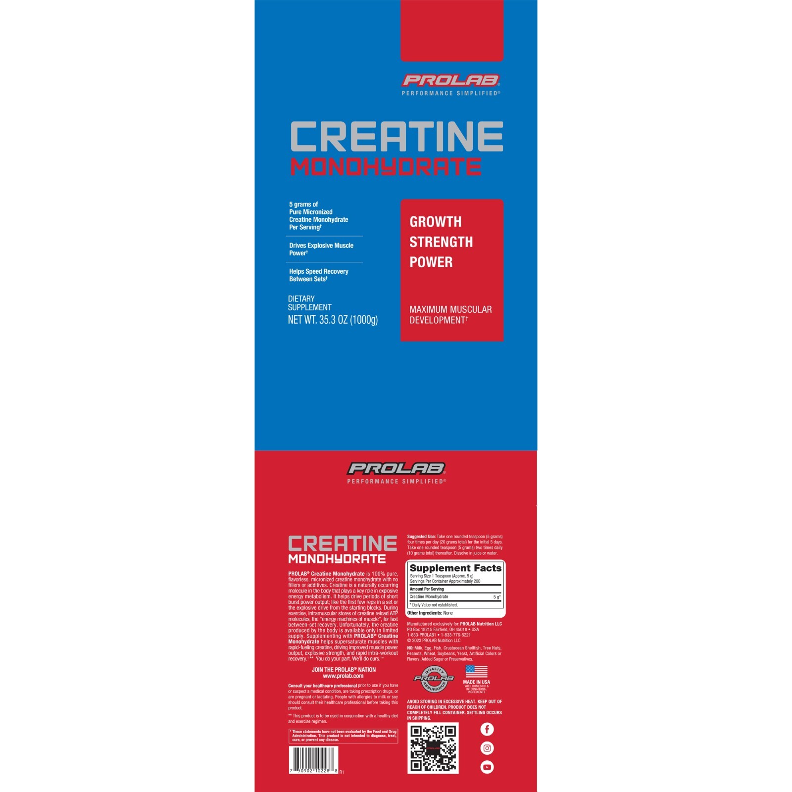 Prolab Creatine Monohydrate Micronized Powder 1000g, 200 Serv 5g Muscle ...