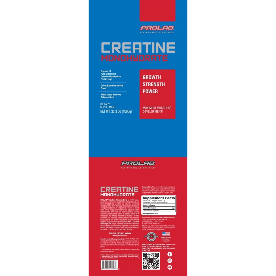 Prolab Creatine Monohydrate Micronized Powder 1000g, 200 Serv 5g Muscle ...