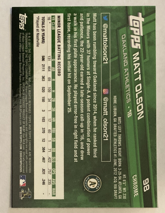 Matt Olson 2017 Topps Chrome PRISM PRiZM REFRACTOR Rookie Card #98 ...