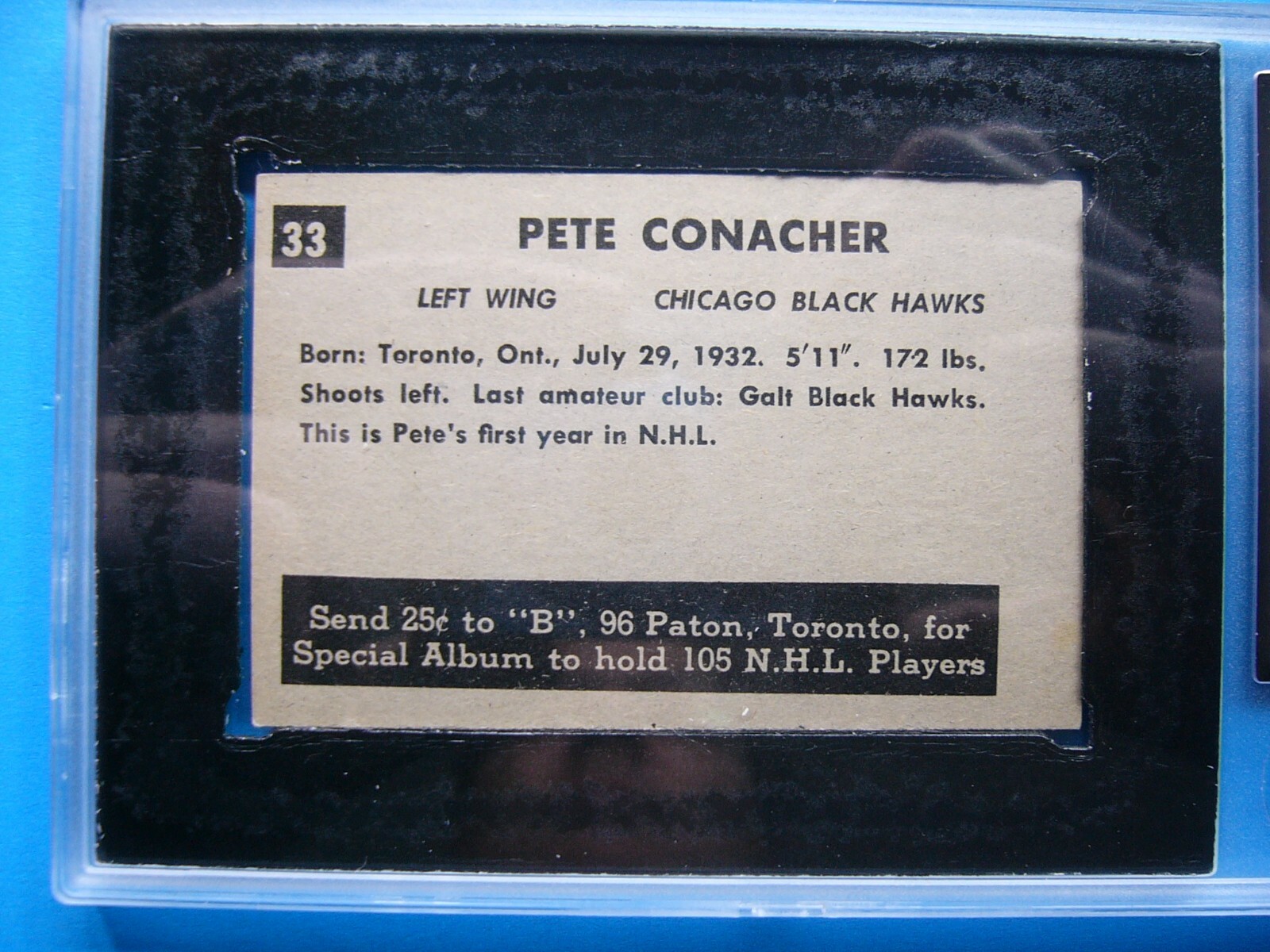 1952/53 PARKHURST NHL HOCKEY CARD #33 PETE CONACHER ROOKIE KSA 7.5 NM+ ...