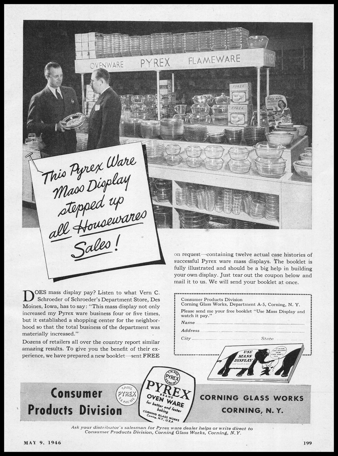 1946 Corning Glass Works Photo Pyrex Mass Display Flameware Vintage ...