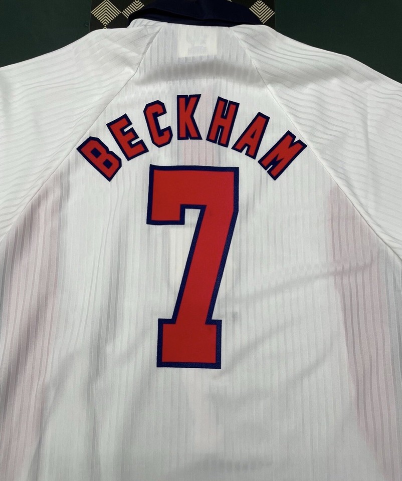 Authentic 1998 England Home #7 Beckham Long Sleeve w/World Cup ...