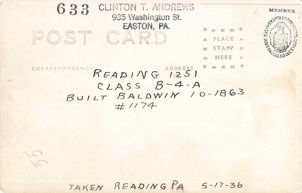 Vintage Real Photo Postcard: Reading 1251 Locomotive (1936) | eBay