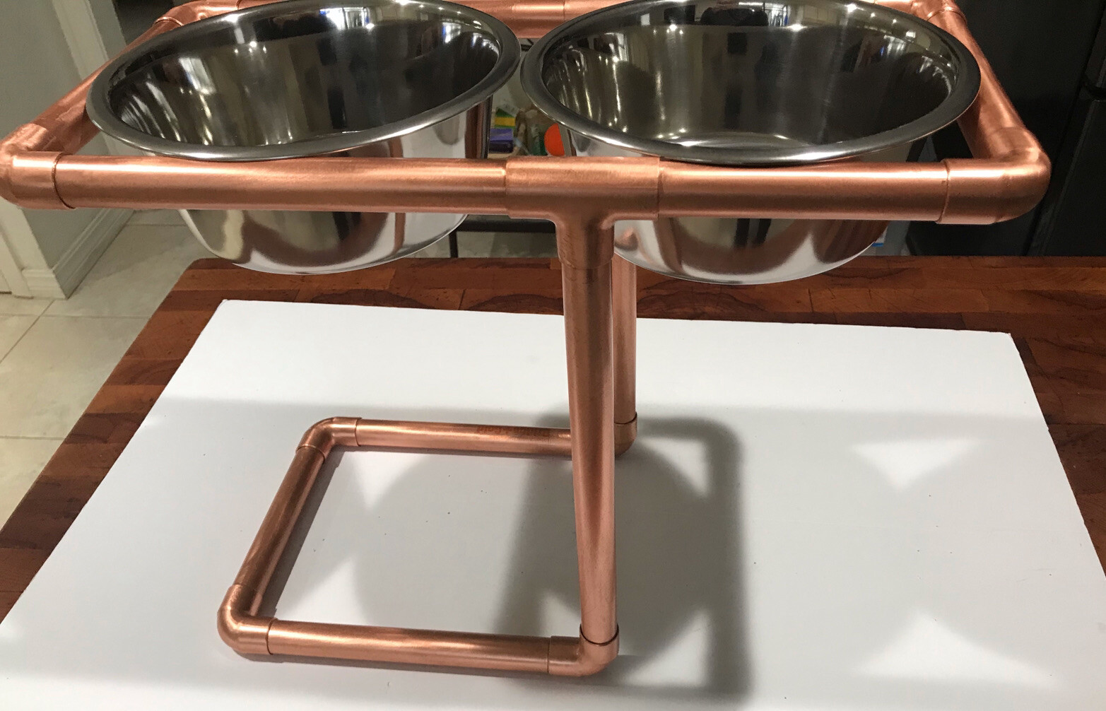 Large Copper Pipe Dog Food And Water Stand With Stainless Bowls | eBay