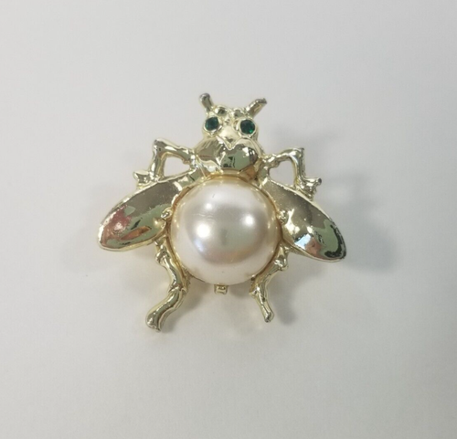 Jelly Belly Fly Insect Brooch Gold Tone Faux Pearl Green Rhinestones | eBay