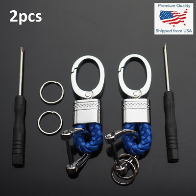 2pcs Blue & Silver Woven Leather Fob D-Ring Keychain Key Split Rings ...