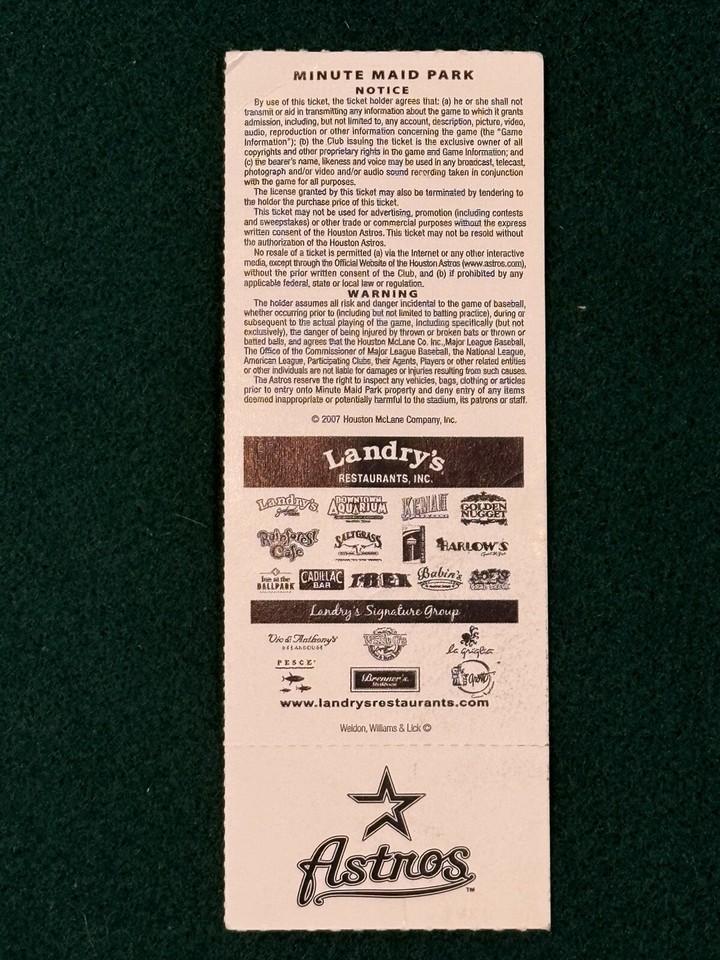 Houston Astros Vs Texas Rangers ticket Stub. Bergman “The Good Guys” 5 ...