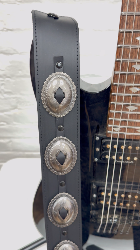 Antique Silver Concho Guitar Strap Genuine Black Leather Handmade Rock ...