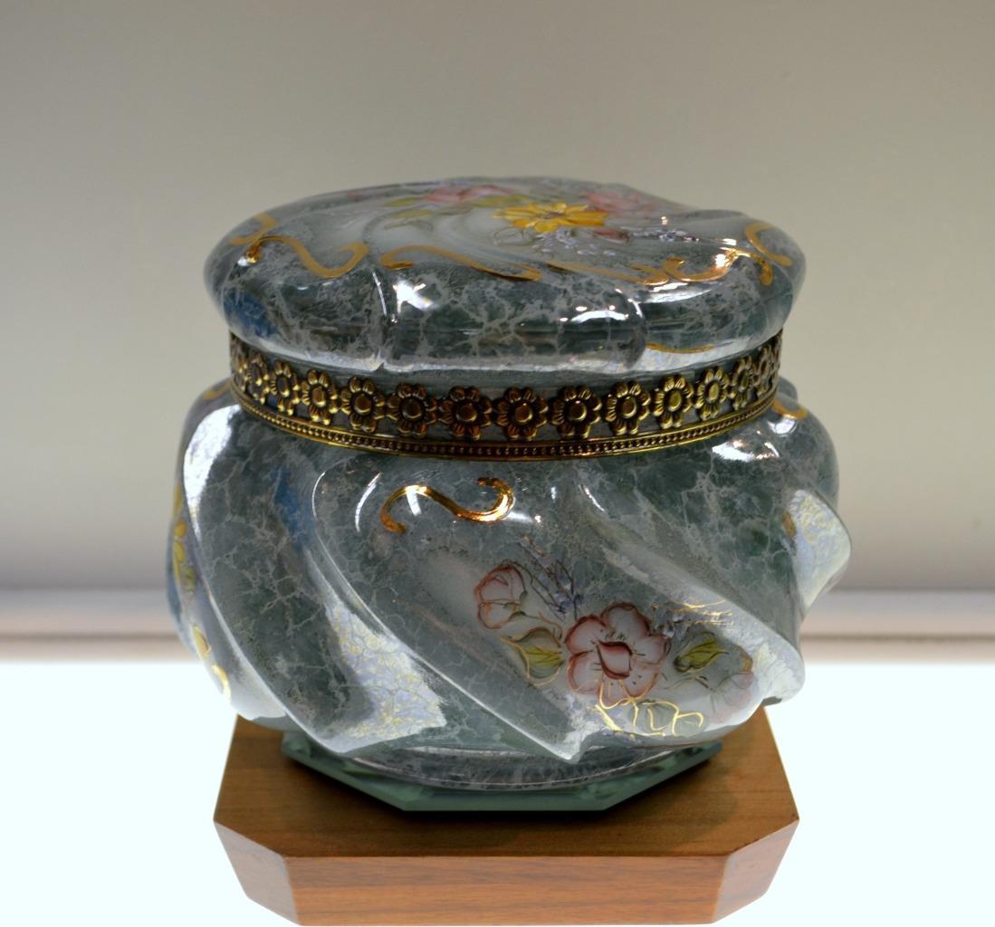 FENTON PUFF BOX Green Marbelized Floral 6080RH 1992 CONNOISSEUR ...