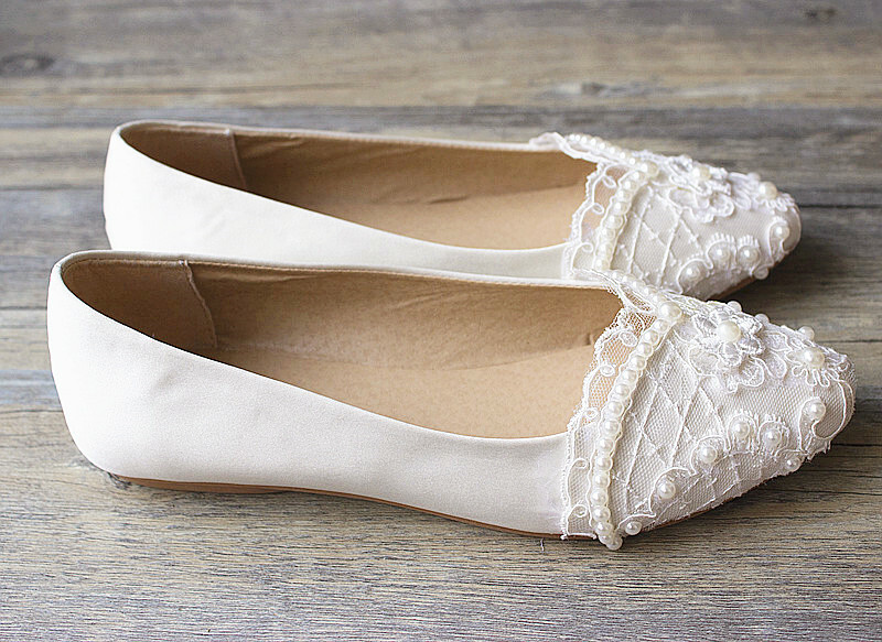 Satin White/Ivory/Blue Lace Ballet Wedding Formal Bridal Bridemaid Flat ...