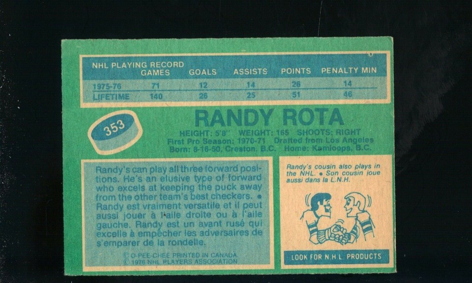 1976 O-PEE-CHEE HOCKEY CARD RANDY ROTA #353 EX-MT ROCKIES | eBay