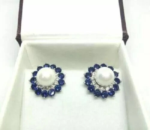 2Ct Round Cut Lab Created Pearl & Sapphire Stud Earrings 14k White Gold ...