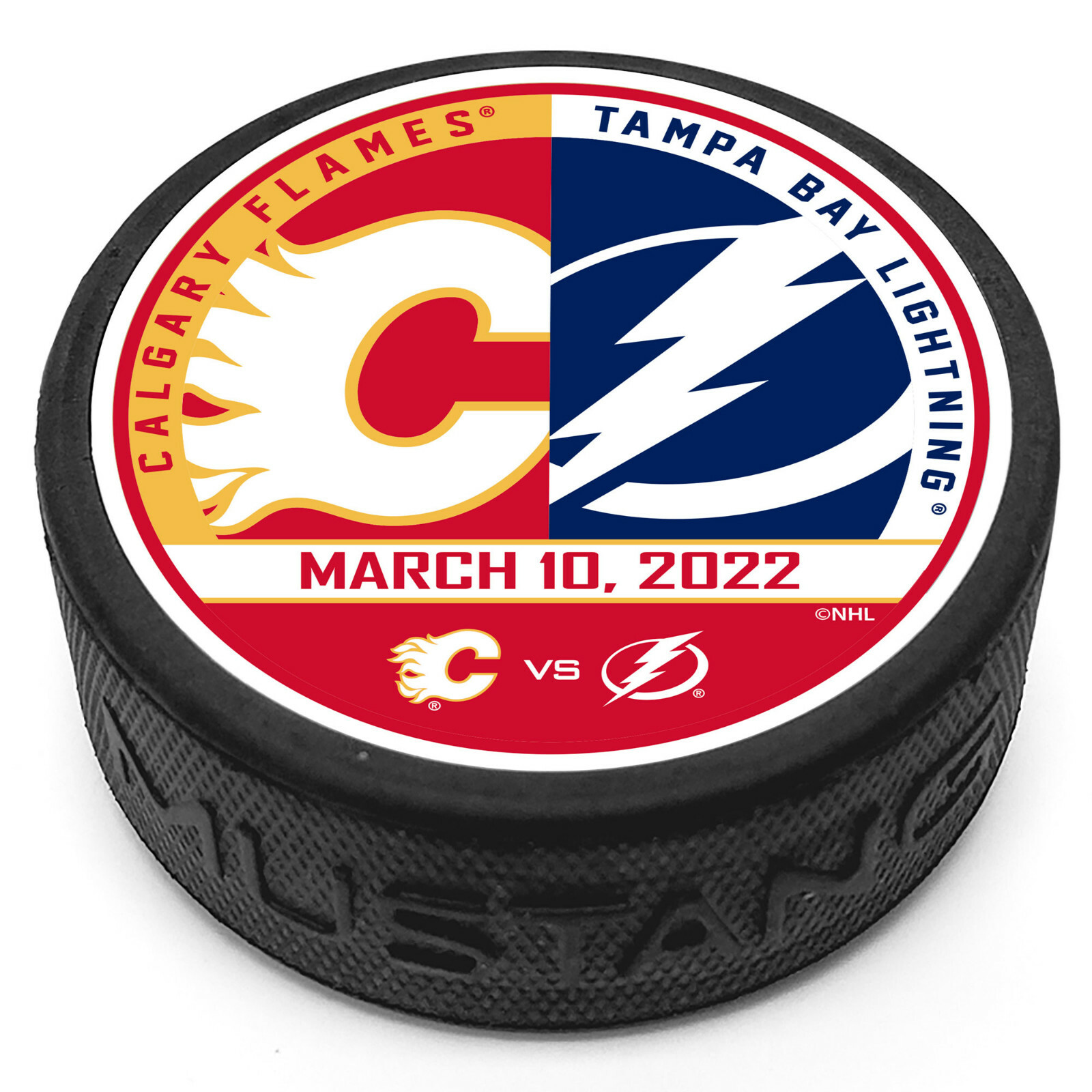 CALGARY FLAMES TAMPA BAY LIGHTNING 3D TEXTURED MATCHUP HOCKEY PUCK MAR ...