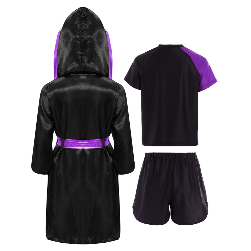 Boys Boxing Uniform Hooded Robe with Belt and T-shirt Shorts Kickboxing ...