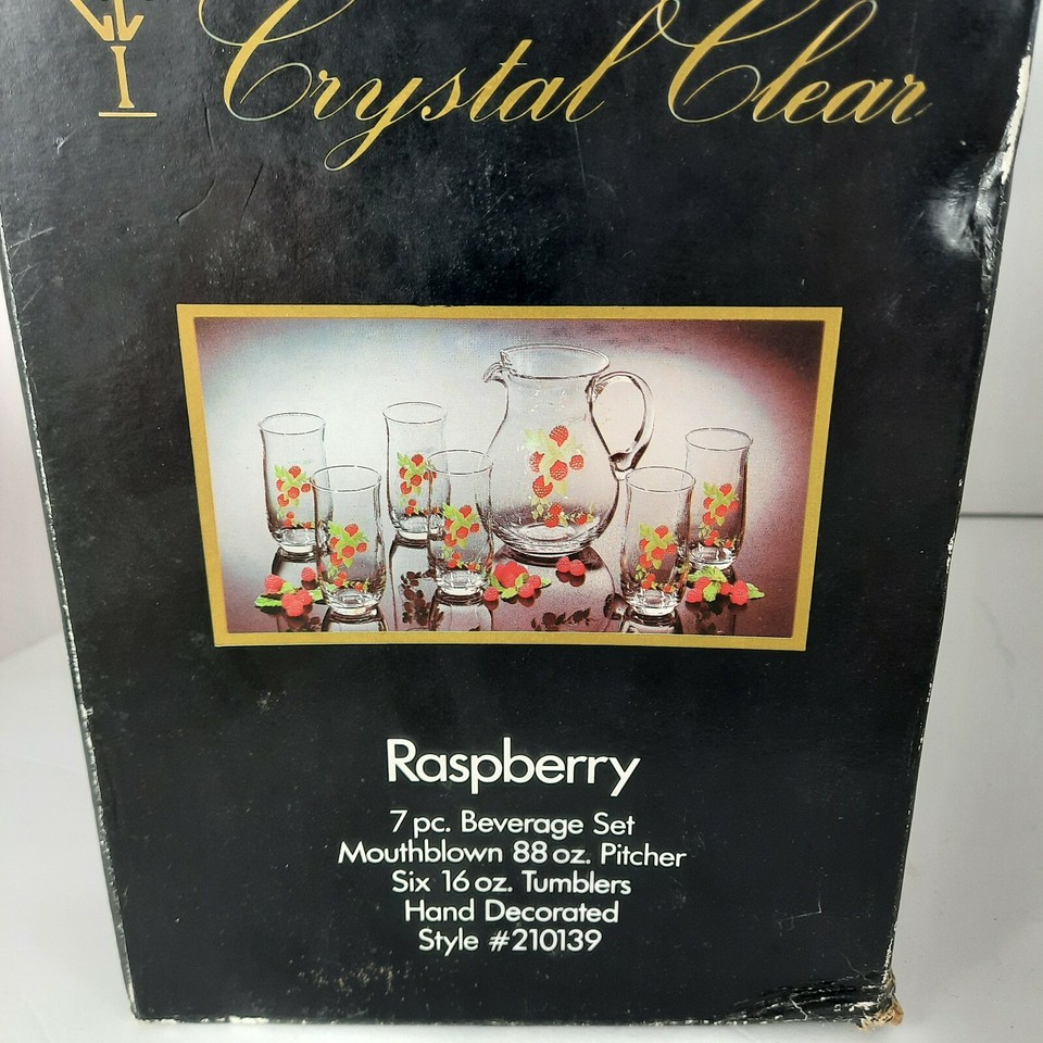 Raspberry Drink Ware Set Pitcher 5 Glasses Crystal Clear Ind. Made In ...