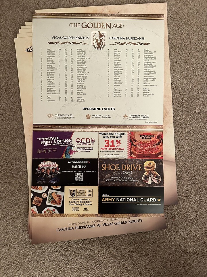 Vegas Golden Knights vs Carolina Hurricanes 2/17/24 Poster - Nic Roy | eBay