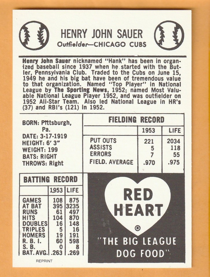Hank Sauer Chicago Cubs 1991 Fritsch 1954 Red Heart Reprint card | eBay