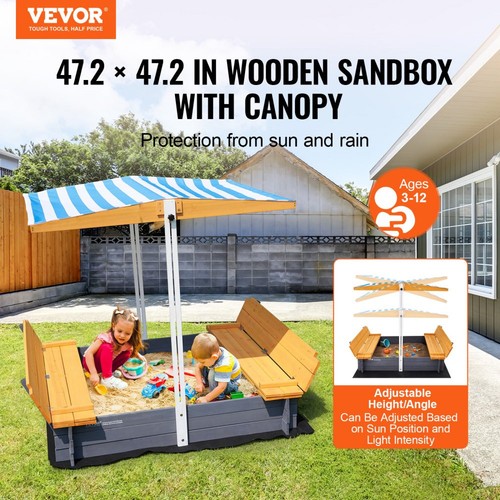 Wooden Sandbox with Canopy Foldable Benches Natural Wood For Outdoor ...
