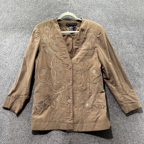 IB Diffusion Blazer Jacket Womens 10 Brown 100% Silk Embroidered Floral ...