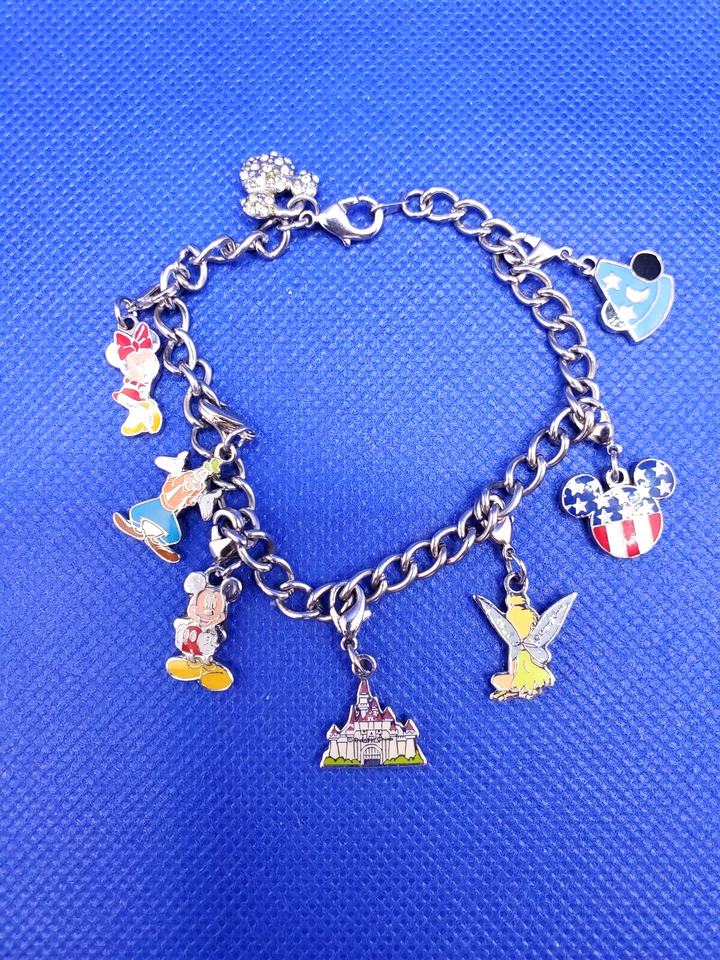Disney Charm Bracelet Mickey Minnie Mouse USA Flag Tinkerbell Goofy ...