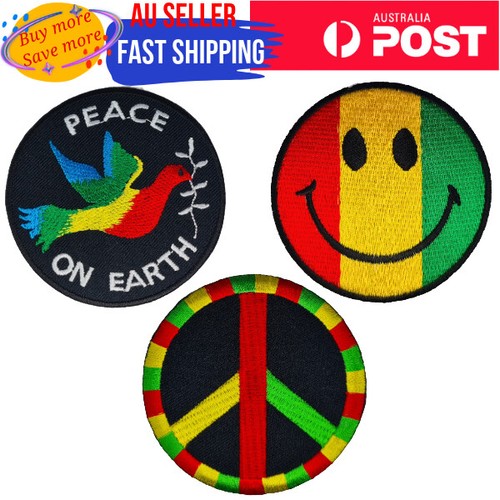 Rasta Peace Sign Smiley Face Flying Dove Iron on Patch Round Emoji ...