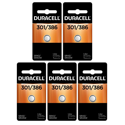 5 x 301/386 Duracell Silver Oxide Batteries (AG12, 10L124, SR1142W ...