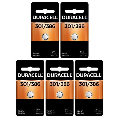 5 x 301/386 Duracell Silver Oxide Batteries (AG12, 10L124, SR1142W ...