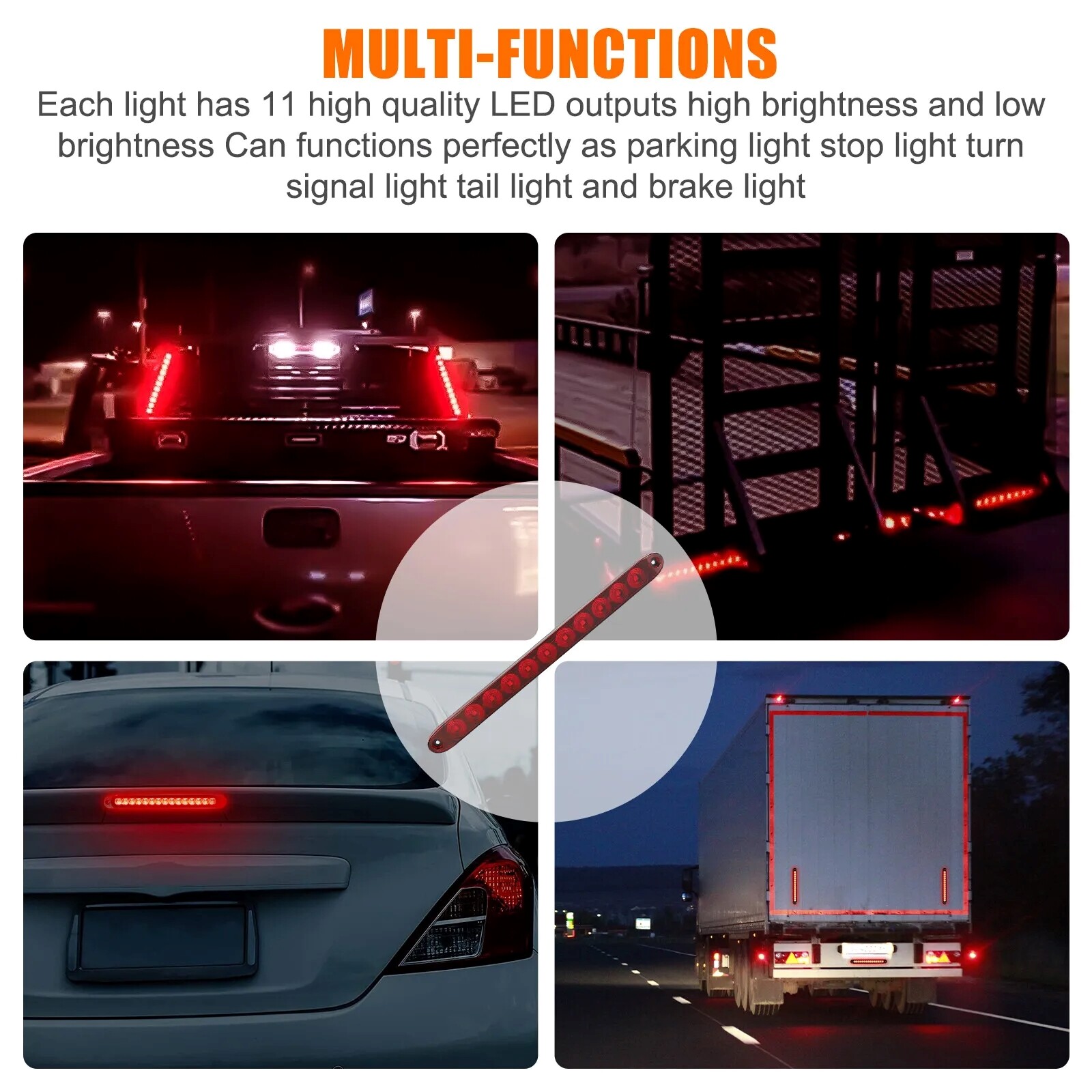 2PCS 16" 11 LED Red Truck Trailer Light Bar Stop Turn Tail Brake Light ...