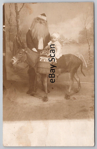 Santa Claus RPPC Studio Child on Stuffed Donkey Great Photo Postcard ...