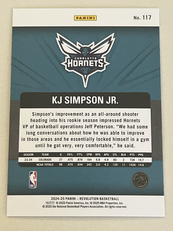 KJ Simpson Jr. Charlotte Hornets 2024-25 Panini Revolution Rookie Card ...