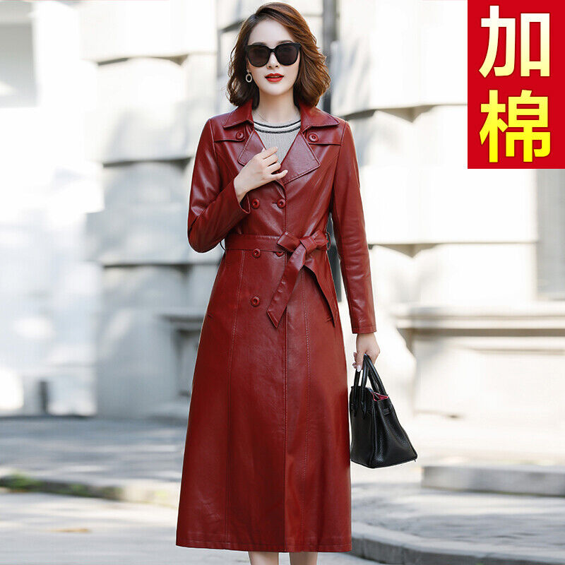 Plus Size Women Leather Trench Coat Long Winter Quilted Plus Size Women Leather Trench Coat Long Winter Quilted