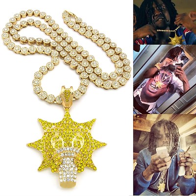 GOLD PLATED CHIEF KEEF GLO GANG PENDANT W/ 36" SUNFLOWER CLUSTER CHAIN ...