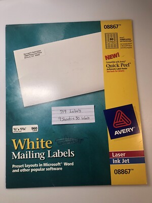 Avery 8167 Ink Jet White Mailing Labels 719 Labels 1/2" X 1 3/4" (9 ...