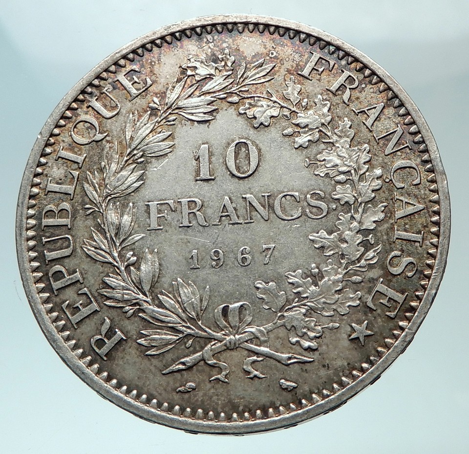 1967 FRANCE Large HERCULES Motto Antique Silver French 10 FRANCS Coin ...