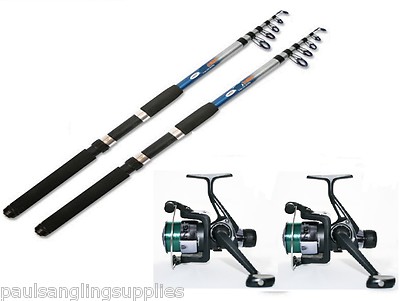 TFT 2 x 8 ft Telescopic Travel Fishing Rods + Fishing Reels with Line ...