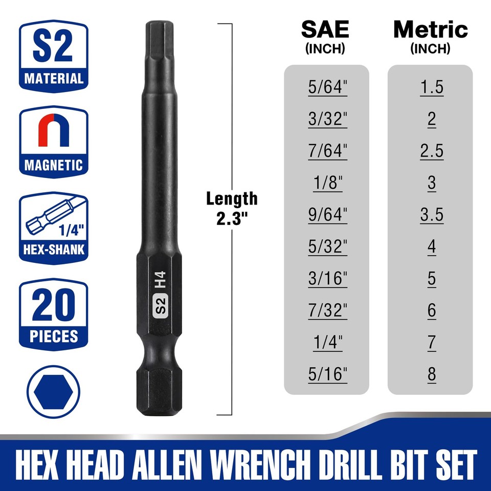 WORKPRO 20pcs Hex Head Allen Wrench Drill Bit Set, CNC Machined S2 Hex ...