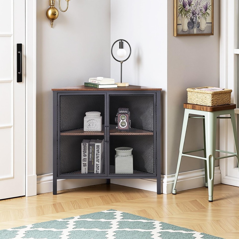 3-Tier Corner Table,Cabinet with Mesh Door,Corner Shelf Stand,Metal ...