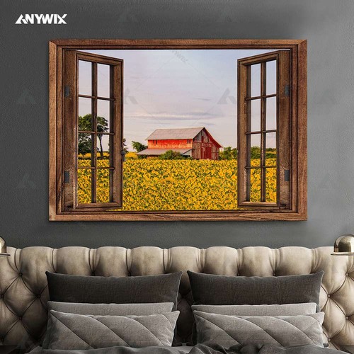 Farmhouse Canvas Wall Art Beautiful Red Barn And Sunflower Farm Through ...