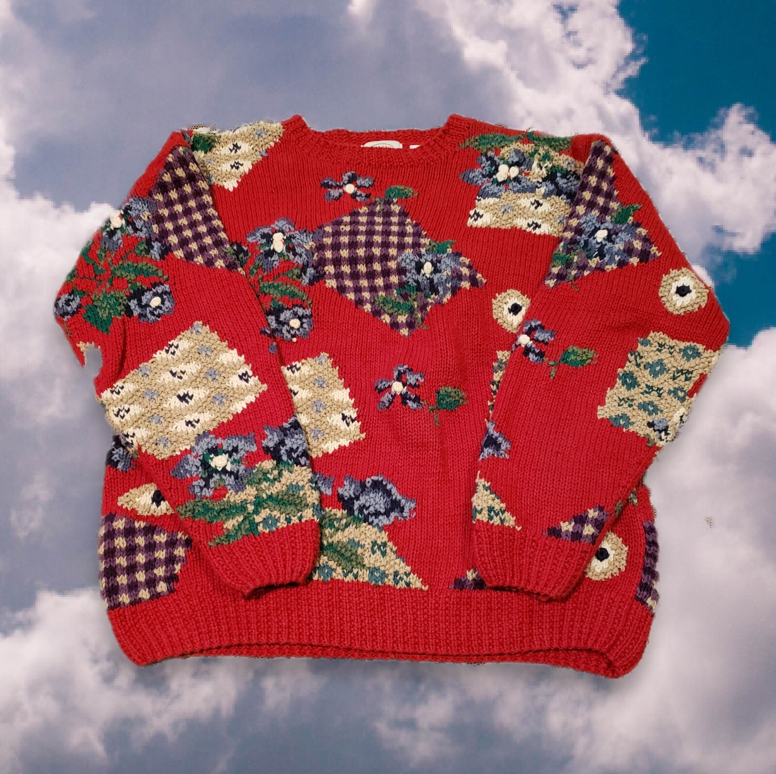 90s Cottagecore Granny Knit Sweater Patchwork Flowers… - Gem