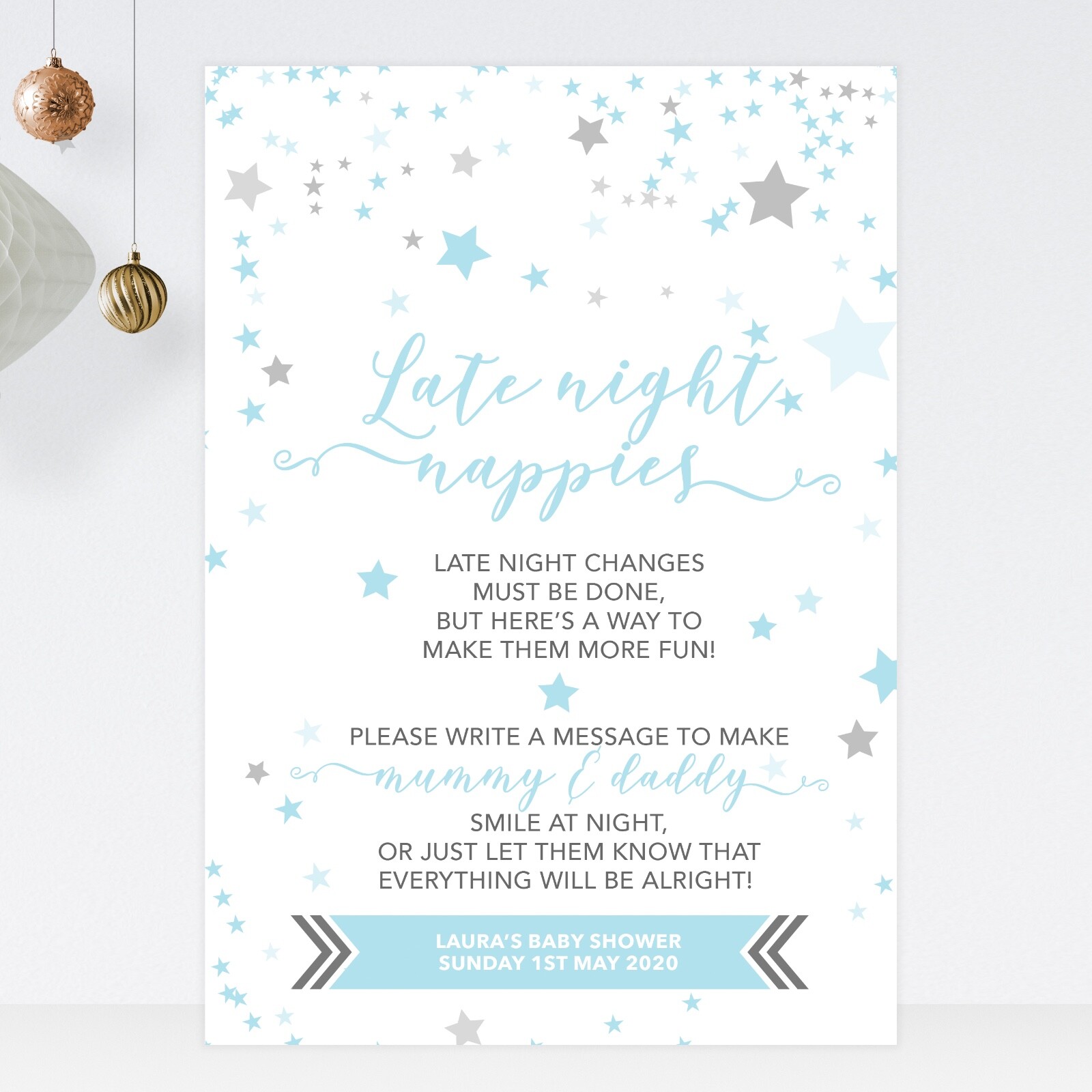 Personalised Late Night Nappies Baby Shower Sign in Blue, Pink, Green ...