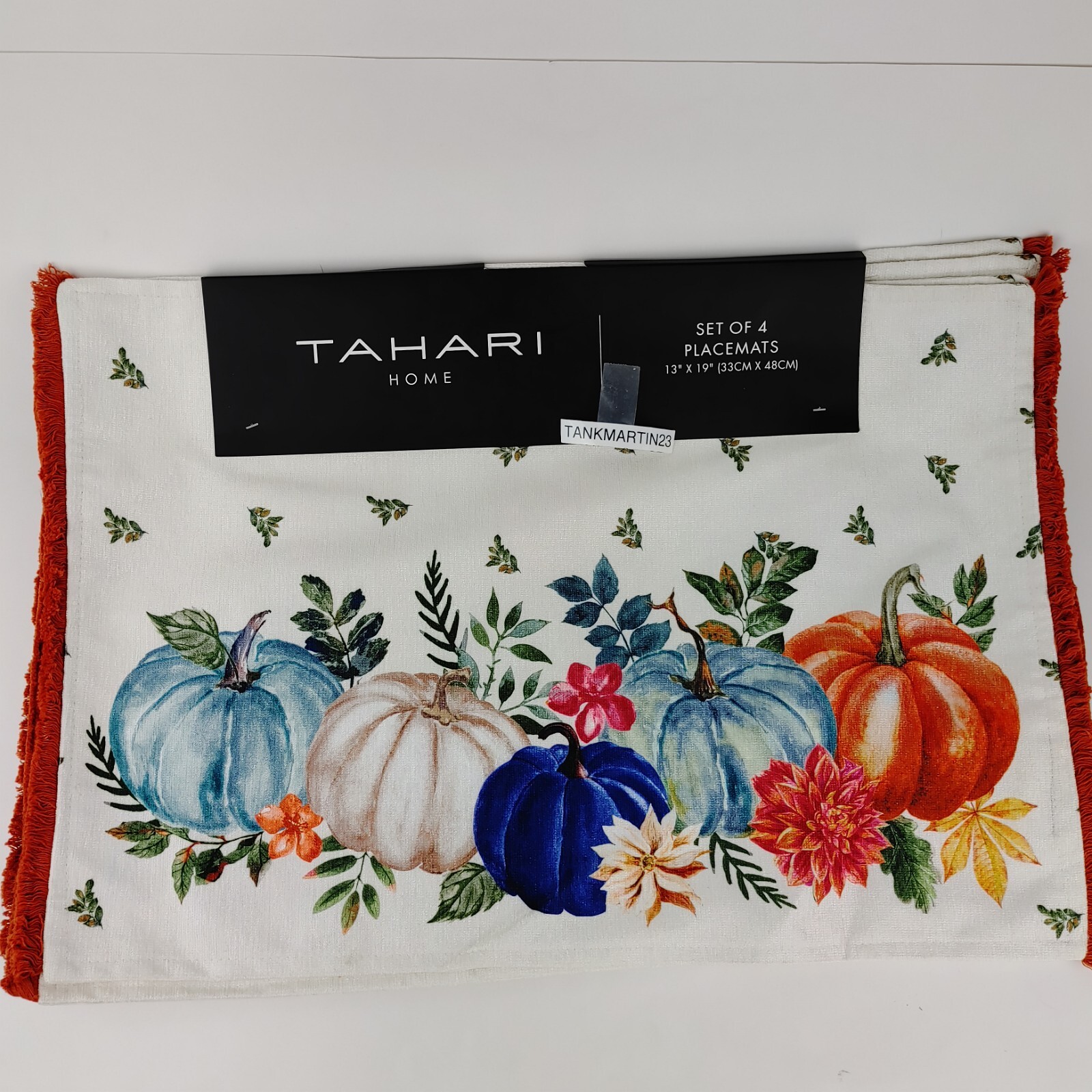 Set of 4 Tahari Autumn Fall 13" x 19" Placemats Pumpkins Leaves Fringe ...
