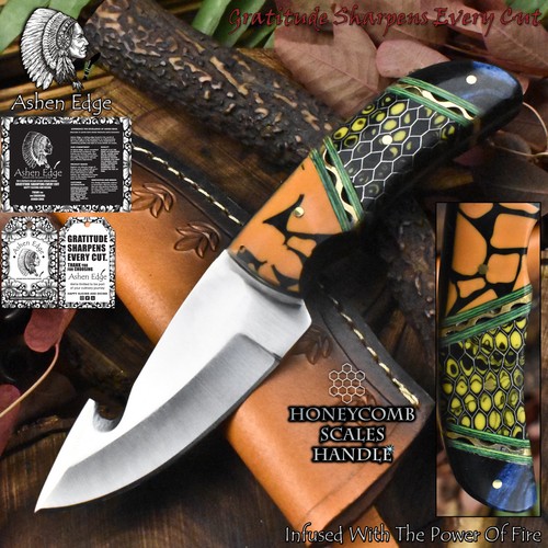 Ashen Edge Hand Crafted Skinner Knife w/Gut Hook AUS-10 Steel Honey ...